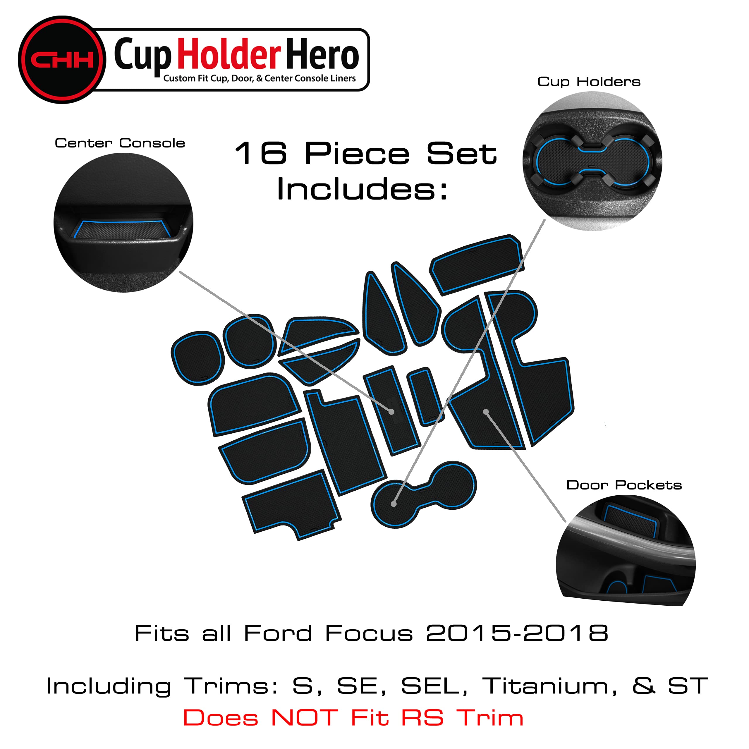 CupHolderHero fits Ford Focus Accessories 2015-2018 Premium Custom Interior Non-Slip Anti Dust Cup Holder Inserts, Center Console Liner Mats, Door Pocket Liners 16pc Set (Blue Trim)