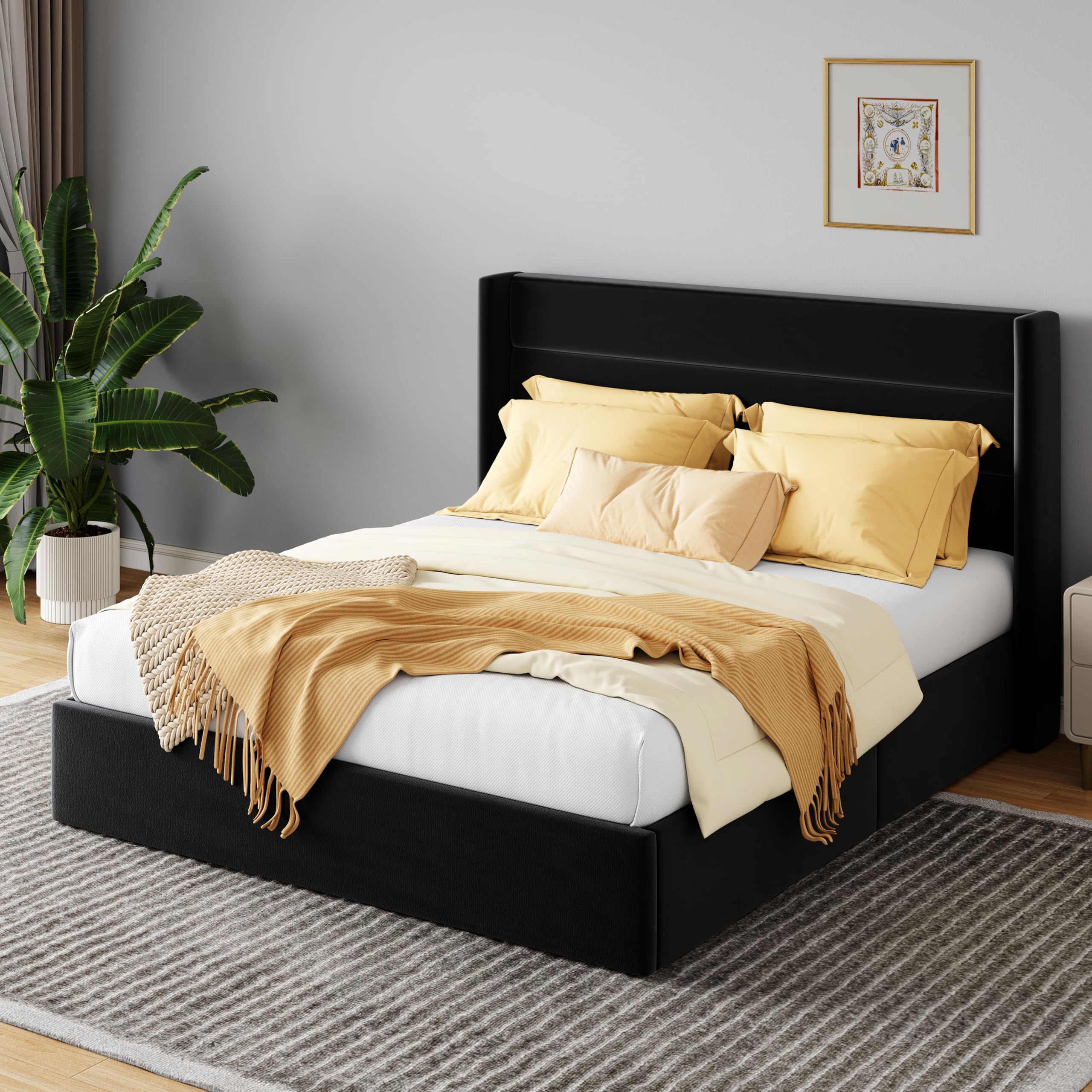 HOOMIC Queen Size Lift Up Storage Bed with Wingback Headboard/Velvet Upholstered Platform Bed Frame/Heavy-Duty Hydraulic Bed/Large Underneath Storage/Strong Wooden Slats Support/Noise-Free/Black