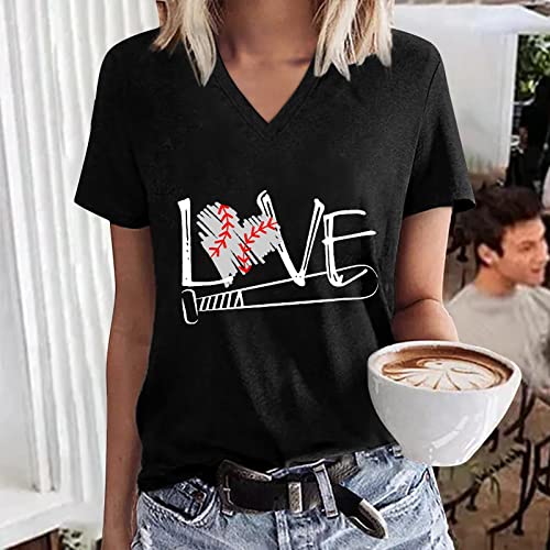 DUOWEI Women V Neck Casual Baseball Print Short Sleeve T Shirt