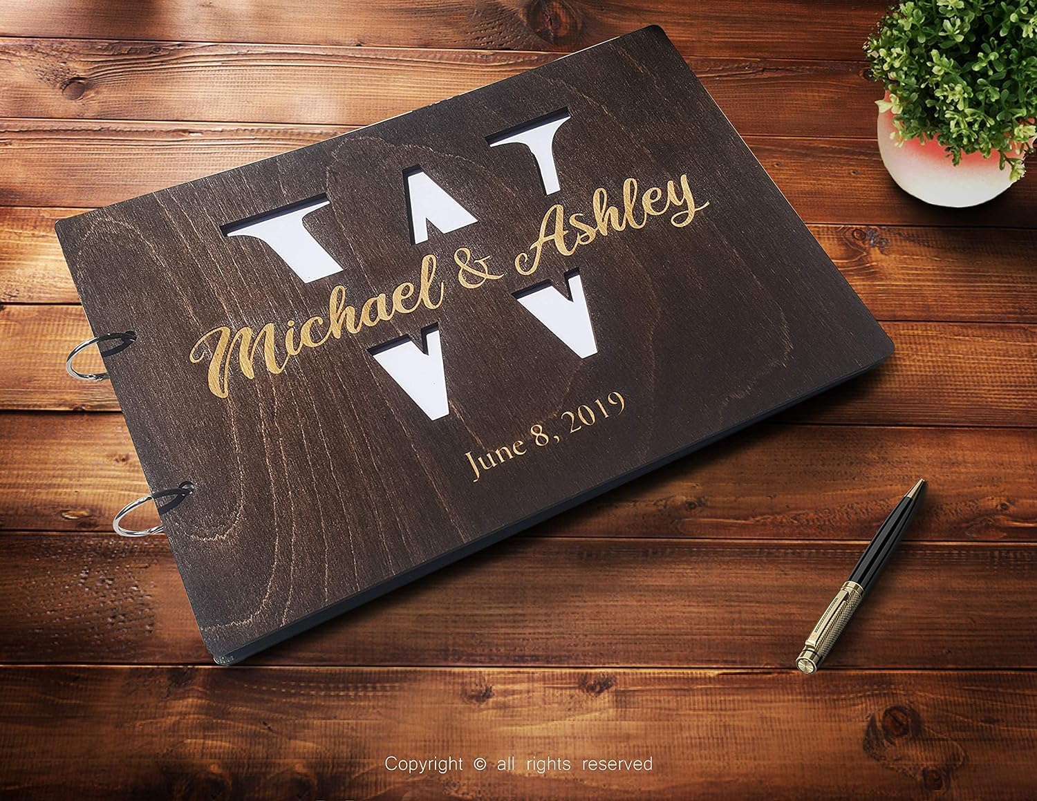 Just Customized Personalized Handmade Mr Mrs Wedding Guest Book for Bride and Groom Wood Alternative Custom Engraved Newlywed Marriage Album (Chocolate Walnut)