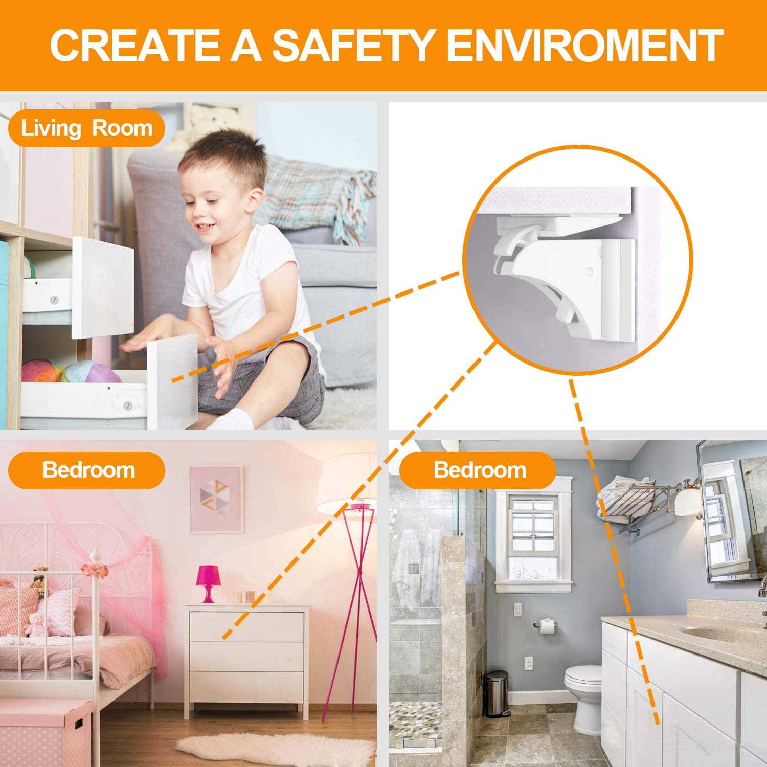 Cabinet Locks Child Safety Latches, OUSI 14+2+2 PACK Baby Proofing Cabinet Locks, Magnetic Cabinet Locks for Drawers and Cabinets - Adhesive Locks, No Tool or Drill