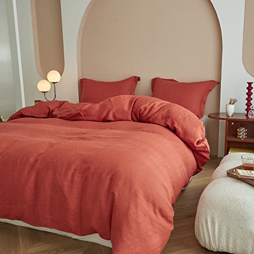 Simple&Opulence 100% Linen Duvet Cover Set 3pcs Basic Style Natural French Washed Flax Solid Color Soft Breathable Farmhouse Bedding with Button Closure - Brick Red, King