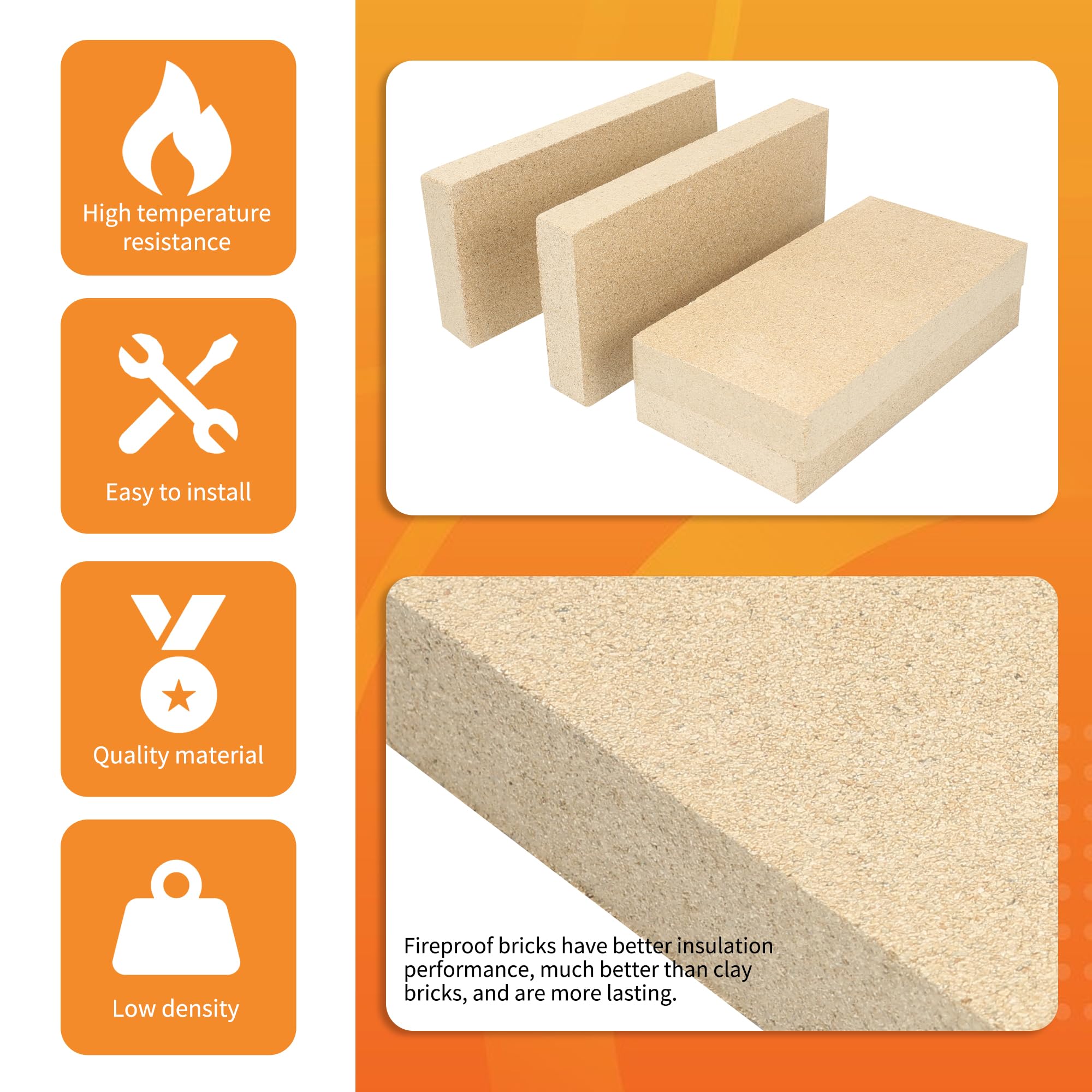 dndsim 12PCS Woodstove Firebricks, Fire Bricks, Size 9" X 4-1/2" X 1-1/4", Fire Bricks for Wood Stove, Fireplaces, Brick Fireplace