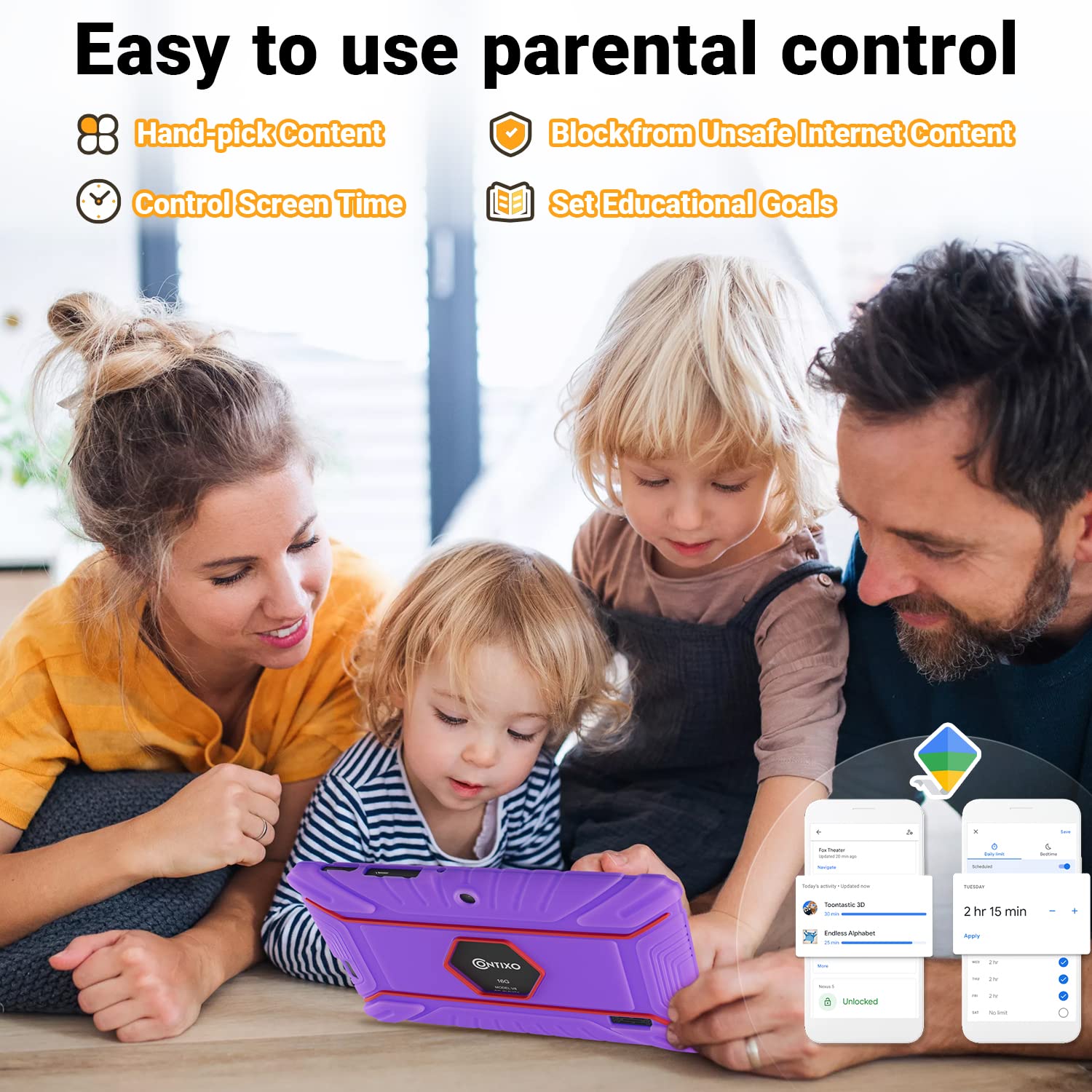 Contixo Kids Tablet, V8 Tablet for Kids and Tablet Sleeve Bag Bundle, 7โ Toddler Tablet, 2GB+32GB Android 11 Tablet with Case, Learning Games Included, Parental Control Family Link - Purple