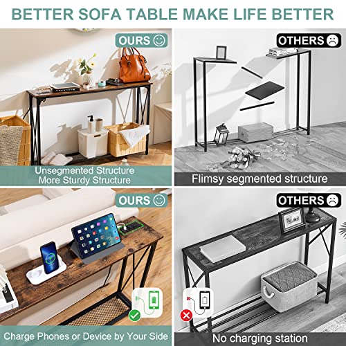 Yoobure Console Tables for Entryway, 47.3", Sofa Entryway Tables Narrow Long, Entry Table with USB Ports, Behind Couch Entrance Hallway Table, with Stable Metal Support, Living Room, Rustic Brown