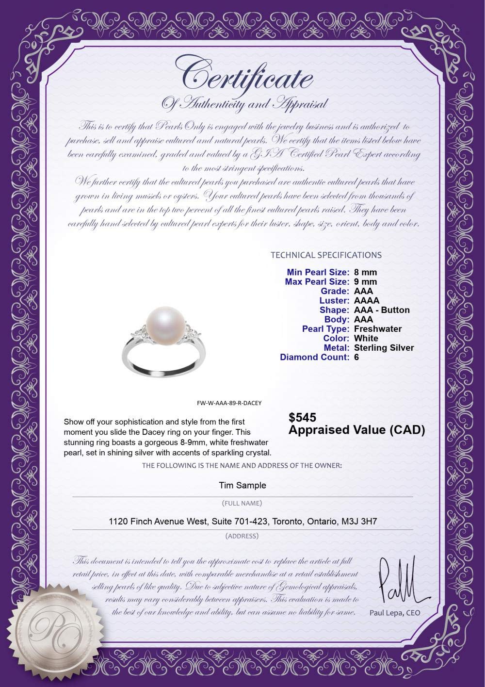 Dacey White 8-9mm AAA Quality Freshwater 925 Sterling Silver Cultured Pearl Ring For Women - Size-5