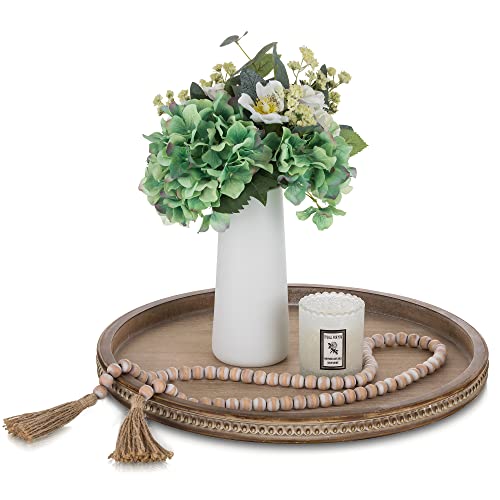 Hanobe Large Round Decorative Tray: Coffee Table Beaded Tray Rustic Wood Trays Decor Farmhouse Ottoman Circle Tray Vintage Centerpiece Wooden Serving Trays for Living Room Home for Counter, Brown