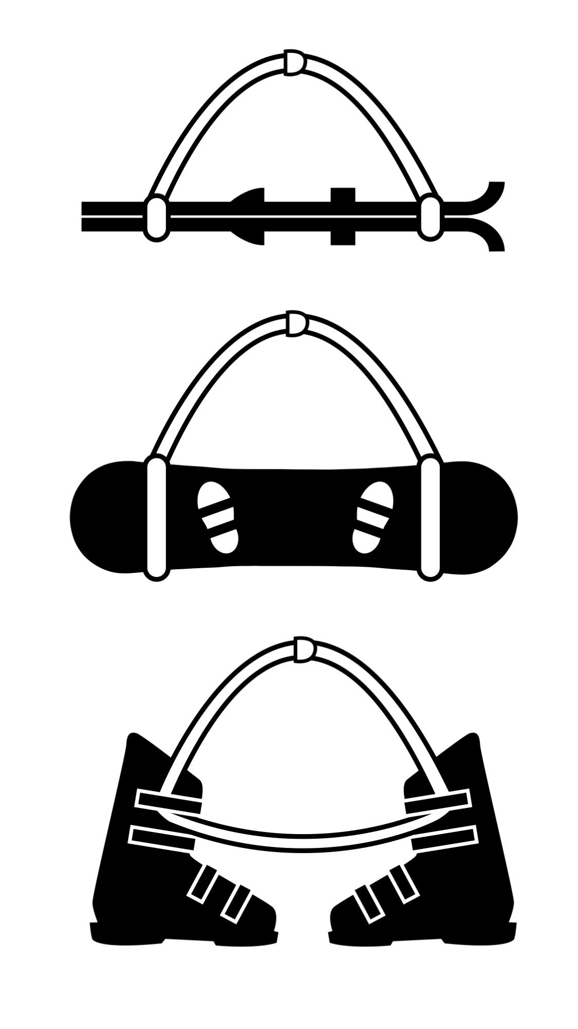 Carrier strap for single or multiple pairs of skis, poles, boots or snowboards