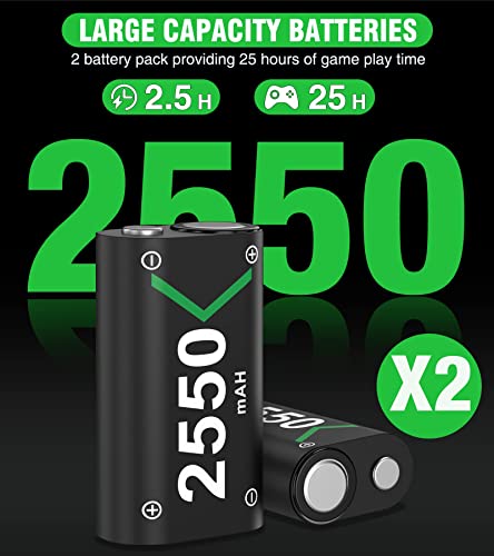 Mocagen Rechargeable Battery Pack for Xbox One/Xbox Series X|S Controller Battery, 2 X 2550mAh One S/Xbox X/Xbox Elite Batteries, 2 Pack-Green (Q08S-MG-US)