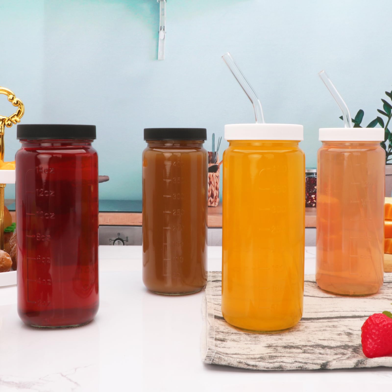 Encheng 16 oz Glass Juice Bottles with Lids,9 Pack Reusable Drinking Jars with Lids and Straws,Clear Round Smoothies Cup for Juicing,Kombucha,Water,Milk,Travel