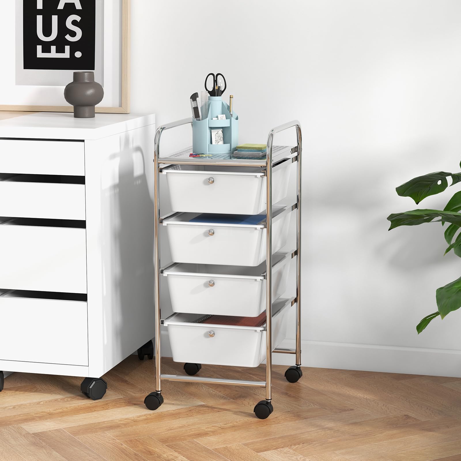 COSTWAY Rolling Storage Cart with 4 Drawers, Plastic Storage Cart and Organizer w/ 4 Removable Drawers, Multipurpose Organizer Cart for Home Scrapbook Paper Office School Tools (White)