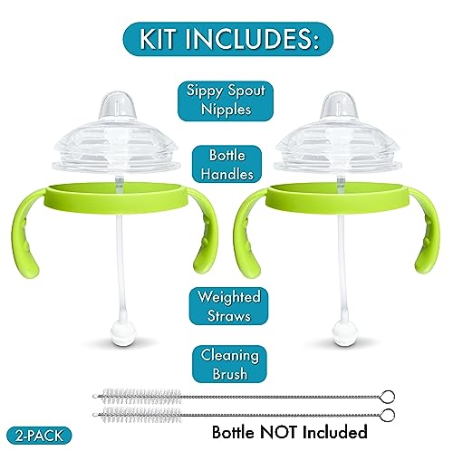 Sippy Cup Conversion Kit for Comotomo Baby Bottles | 2-Count | with Soft Silicone Sippy Spout Nipples, Weighted Any Angle Straw Ball, Bottle Handles and Straw Cleaning Brush (Sippy Spout, Green)