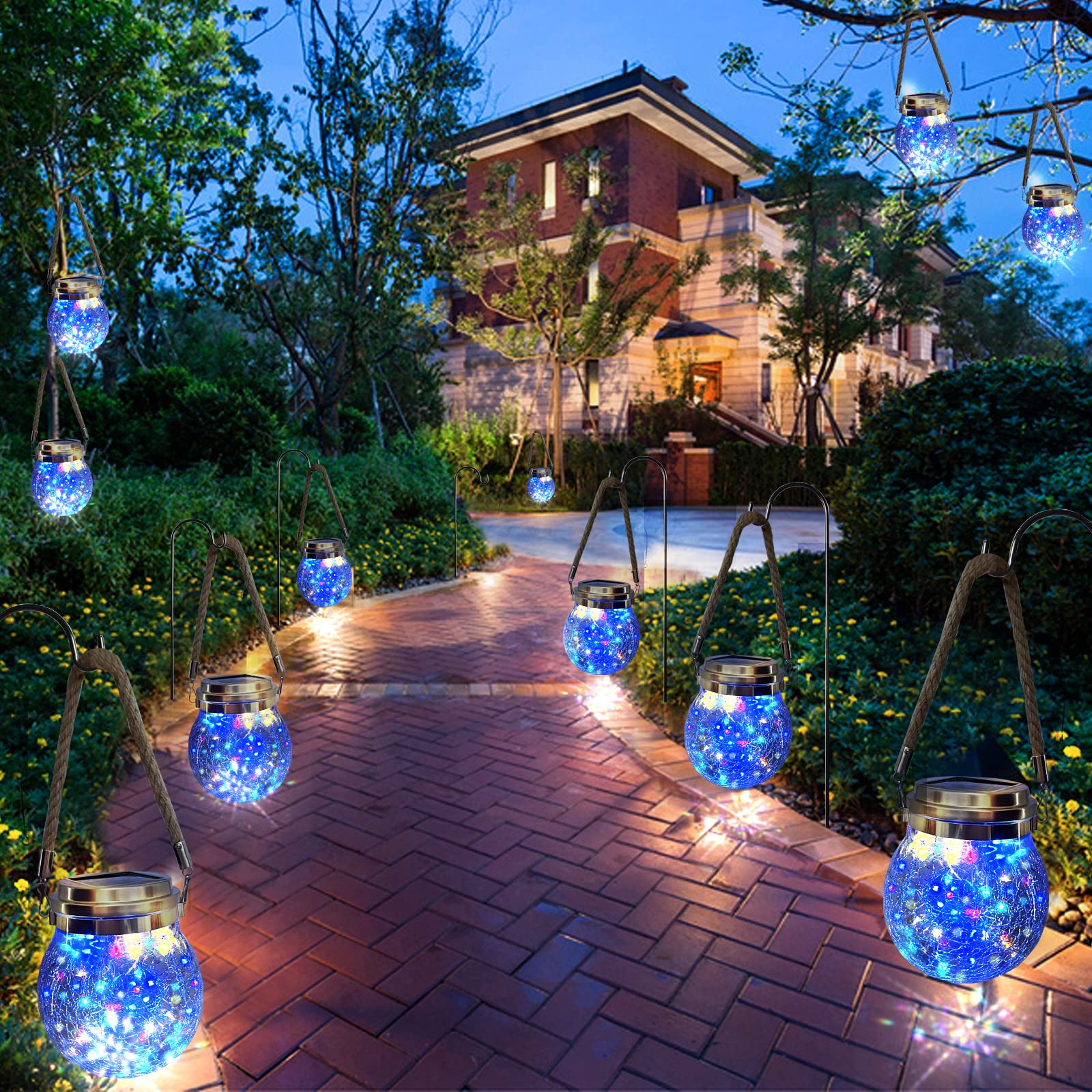 ZQX Outdoor Hanging Solar Lights,2 Pack 30 LED Solar Cracked Glass Ball Lanterns with Handle,Waterproof Solar Decorative Lights for Garden Patio Yard Christmas Wedding Party Decor(Warm White)