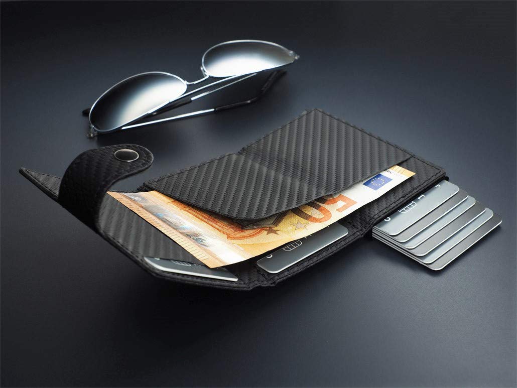 PULARYS Mini Wallet CARBON - Card Case Made of Carbon Eco-Leather - RFID blocking - Size: 7.5 x 9.5 x 2.5 cm - Space for up to 9 Cards - One Note Compartment Secured with Snap Closure