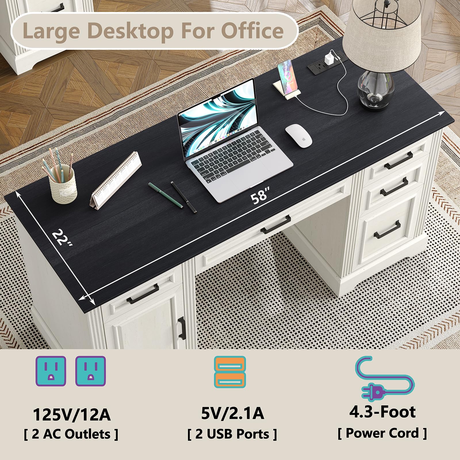 Furnihold 58" Executive Desk, Farmhouse Computer Desk with Drawers and Cabinet with Charging Station, Wooden Home Office Desk, Workspace for Work Study Writing, Black Tabletop, Off White