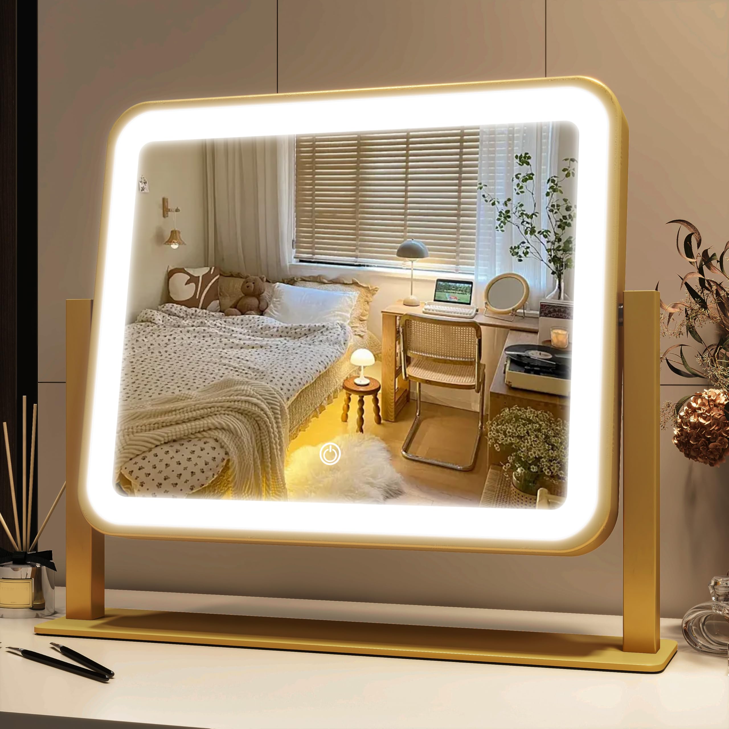 FENNIO Vanity Mirror with Lights 14"×12" Makeup Mirror with Lights,Lighted Vanity Mirror Tabletop,Smart Touch with 3-Color Lighting,Dimmable,for Vanity Desk Tabletop（Gold）