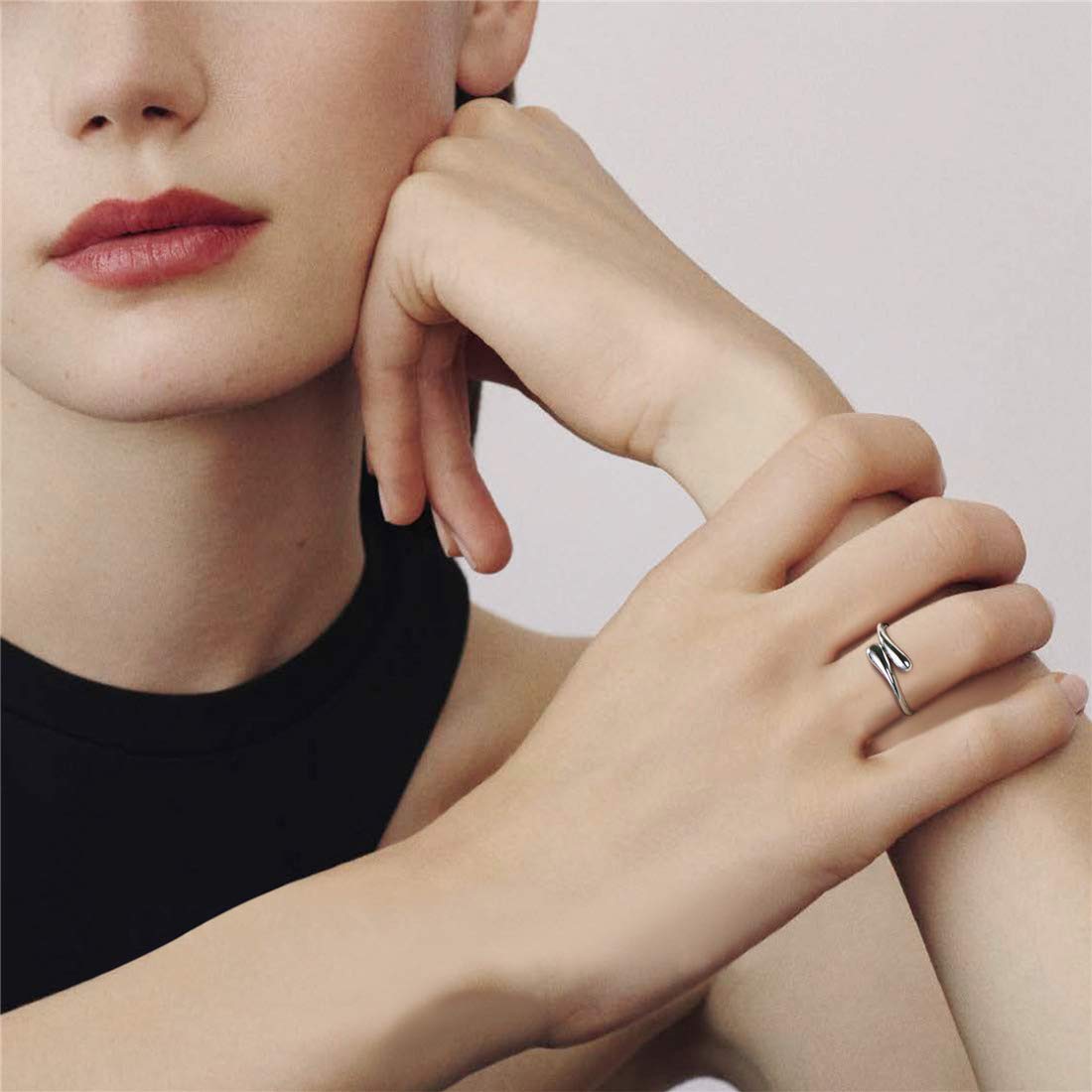 ChicSilver 925 Sterling Silver Rings Minimalist Teardrop Adjustable Rings for Women High Polish Open Ring Eternity Ring