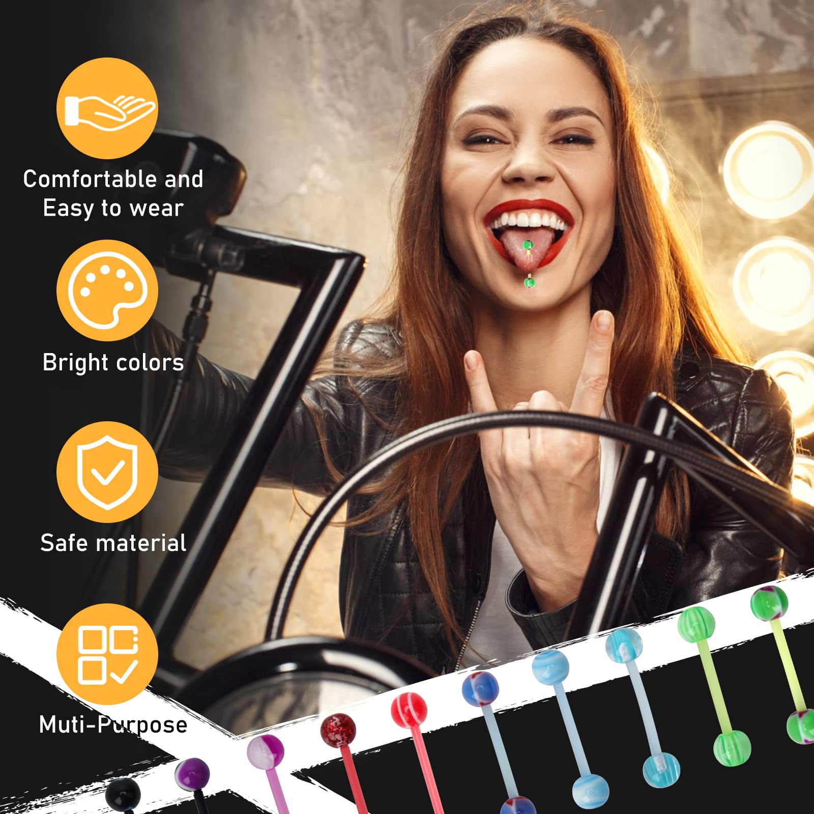 CrazyPiercing 100Pcs 14G Acrylic Tongue Rings, Multi Color Assortment Flexible Tongue Rings Barbells Mix Piercing