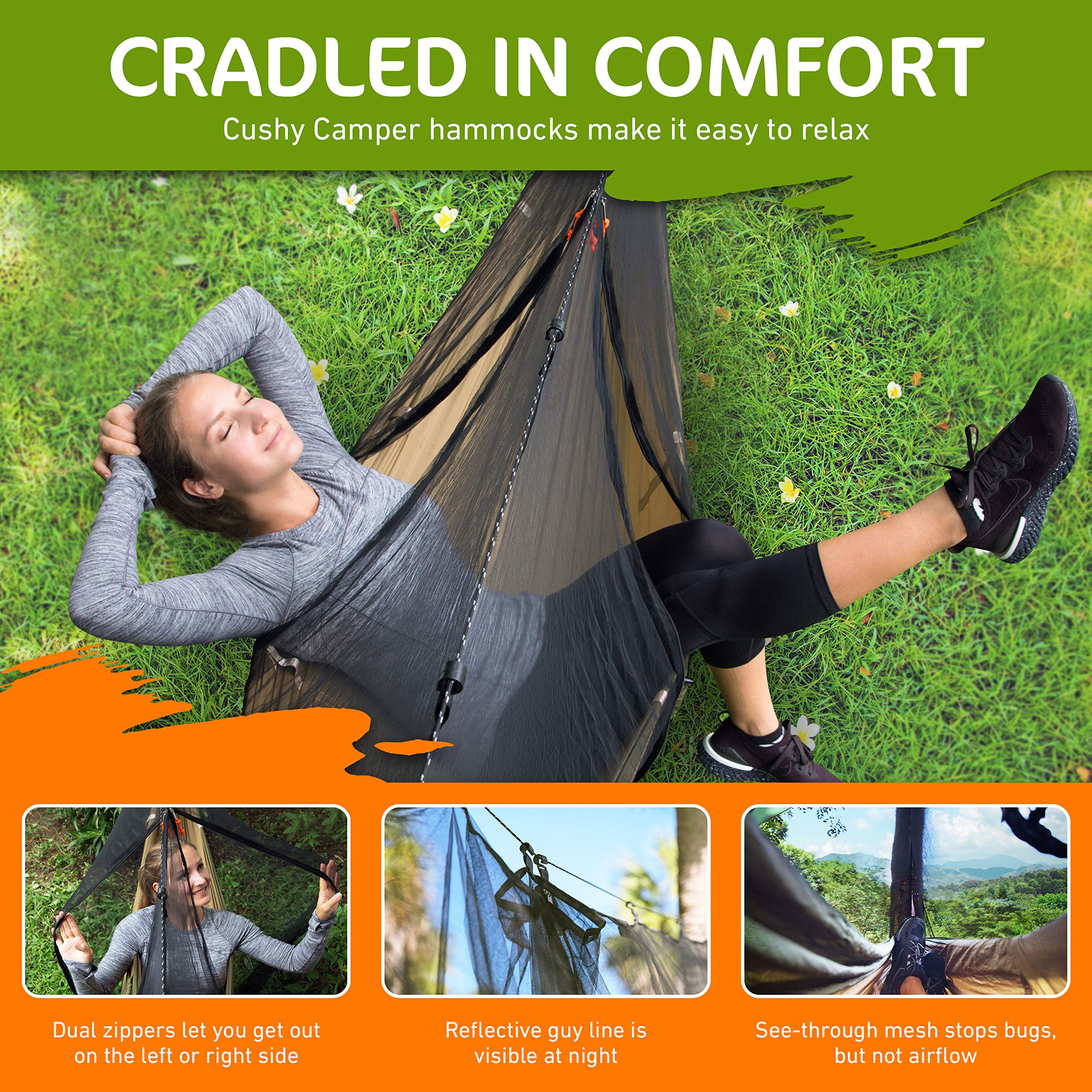 Cushy Camper Premium Hammock Mosquito Net - Portable Backpacking Protection - 11ftx4ft10 Hammock Bug Net Keeps Out Mosquitoes and Keeps You Cool - Mosquito Net for Hammock - Ultralight Camping Shelter
