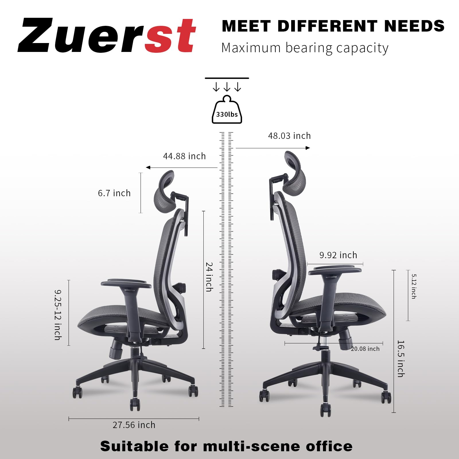 ZUERST Ergonomic Office Chair - Reclining Office Chair with Mesh Seat and Back, 5D Adiustable Headrest, 4D Lumbar Support, Armrest, Big and Tall Swivel Rocking Computer Desk Chairs for Home Office (Bl
