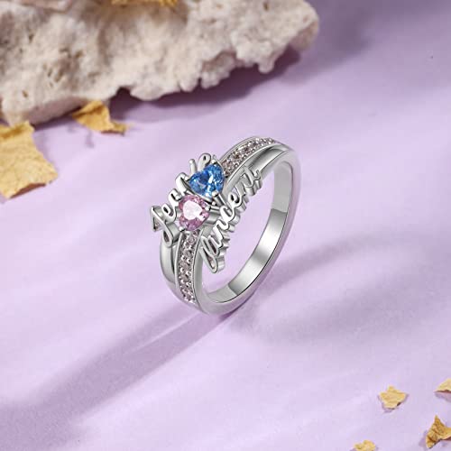 Custom Made 3D Names Ring for Women, Personalized 2 Birthstones Mother Ring 925 Sterling Silver Promise Rings for Her (9)