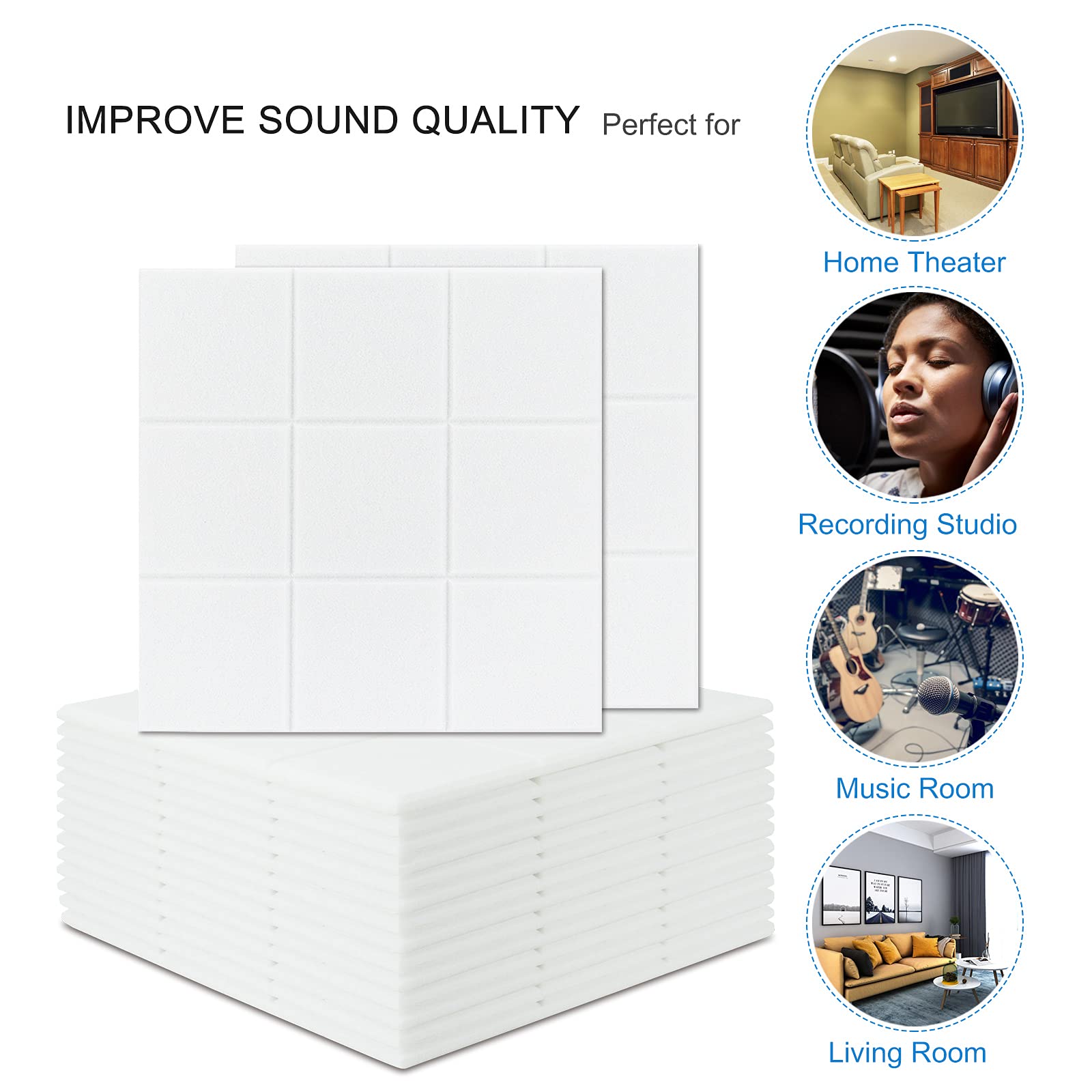 BXI Sound Absorber - 16 Pack Self-adhesive 12 X 12 X 0.4 Inches Acoustic Absorption Panels, Tackable Sound Absorbing Panels for Wall and Ceiling Acoustic Treatment