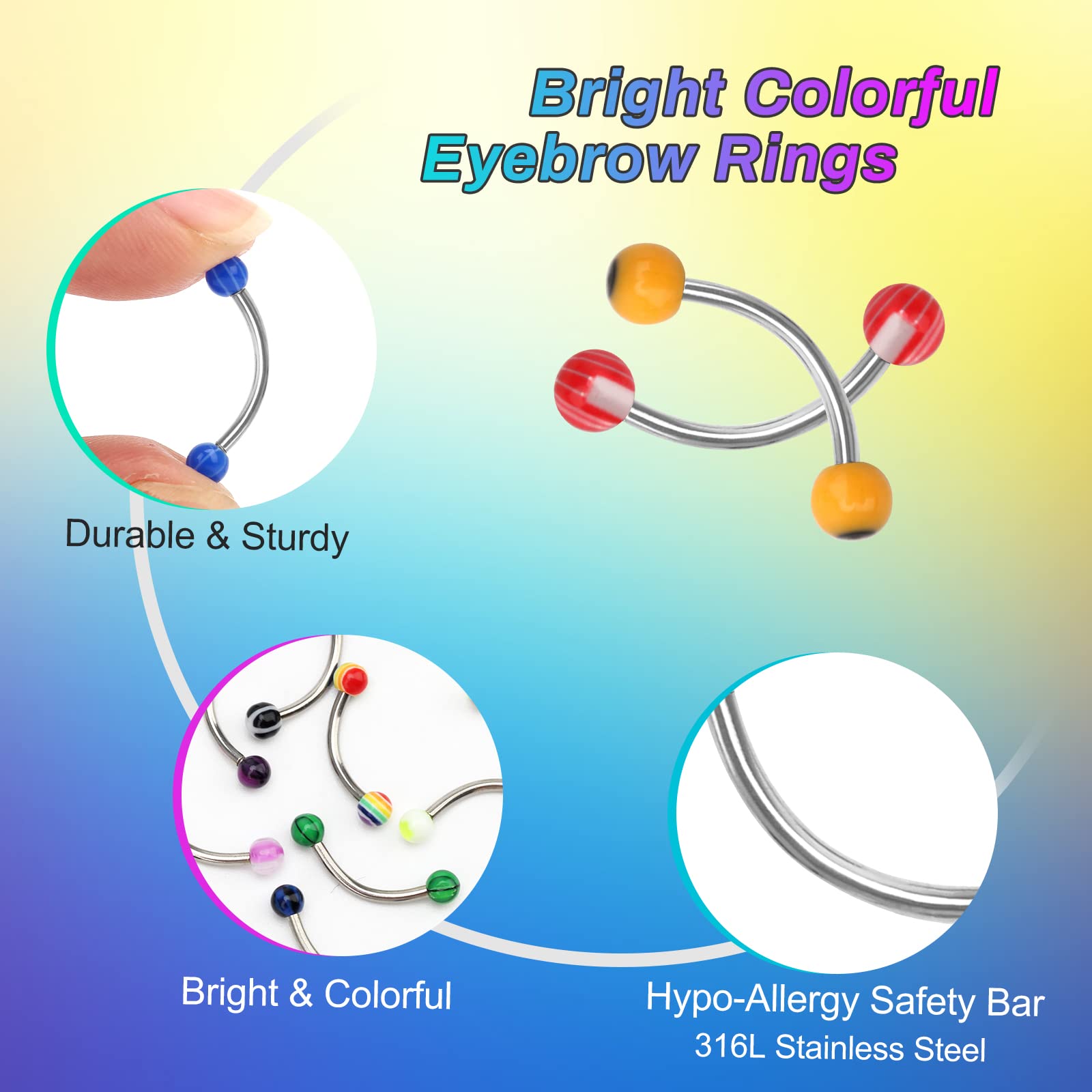 CrazyPiercing Colorful Acrylic Ball Stainless Steel Curved Bar Eyebrow Rings Tragus Piercing, 50Pcs, 16G (Stainless Steel Bar)
