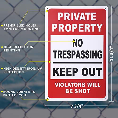 HANTAJANSS No Trespassing Sign Private Property Keep Out Warning Metal Sign, Retro Safety Tin Signs for Outdoors Use, Yard, Farm, Fence, Home
