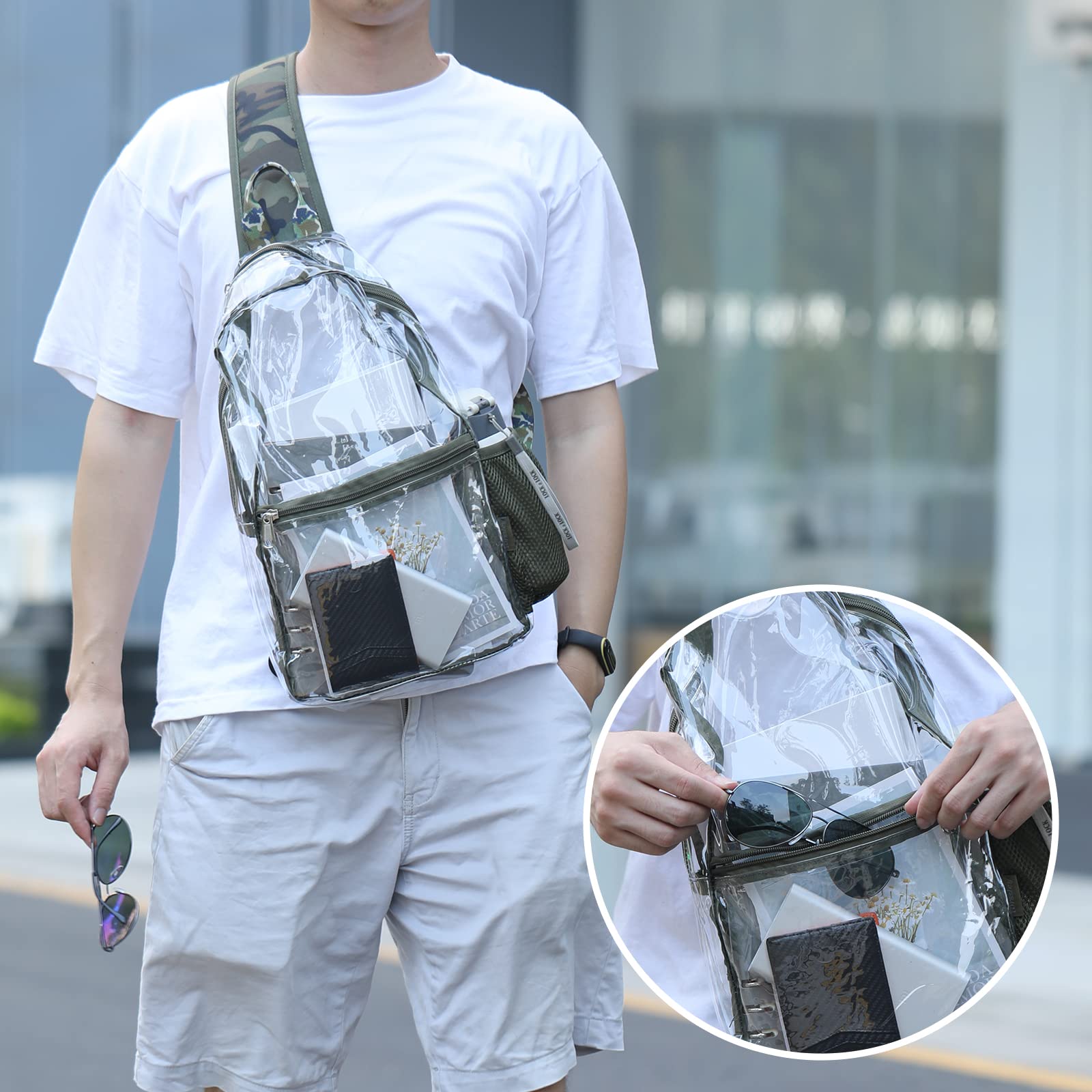 CLEKEGBAG Clear Sling Bag Crossbody Camouflage Backpack - See Through Concert Approved - One Strap Transparent Plastic Sling Bag for Men (15x4.5x9 inches)