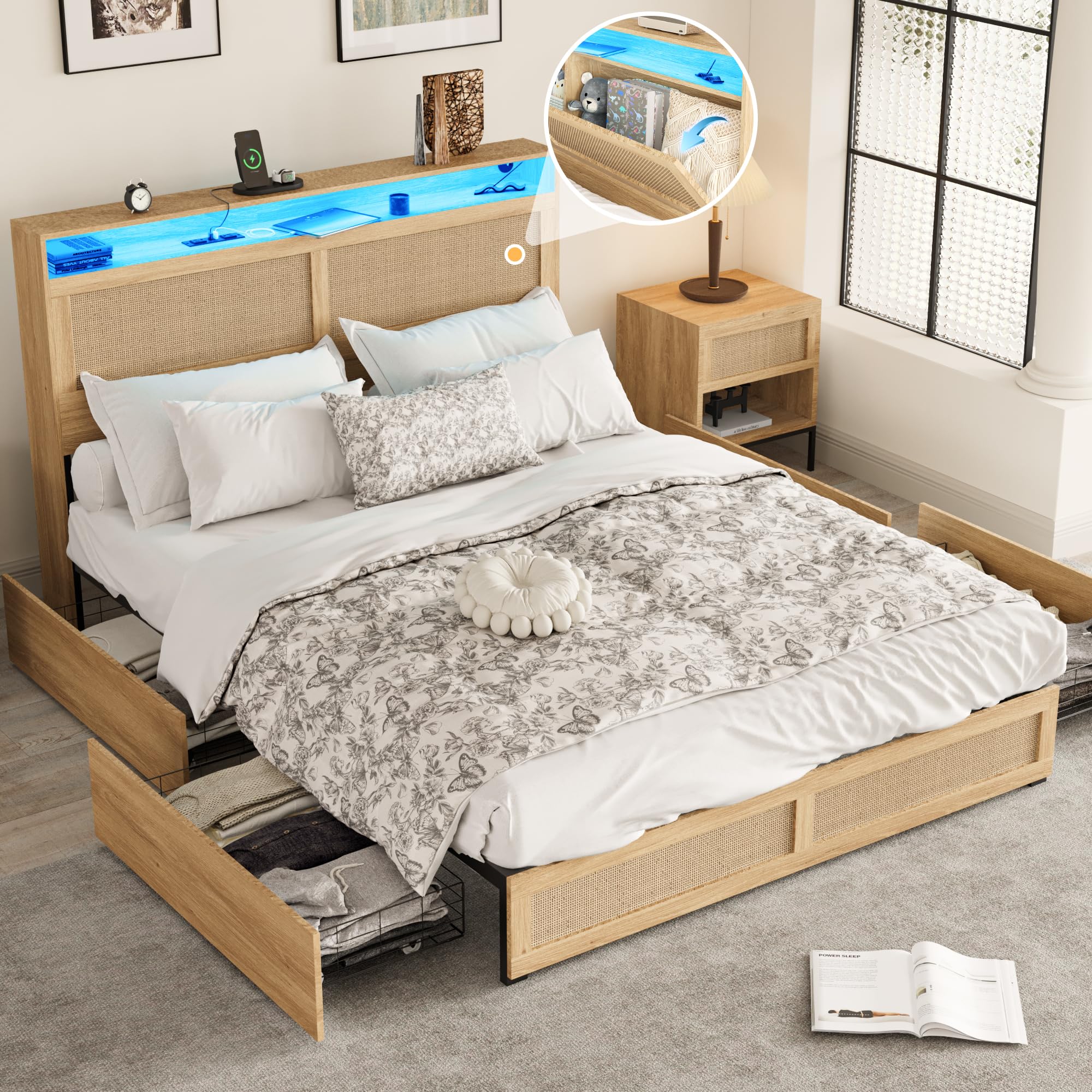 Fameill Queen Size Bed Frame with LED Light and 4 Drawers, Rattan Hidden Storage Headboard, Charging Station, Metal Platform Boho Bed Frame No Box Spring Needed