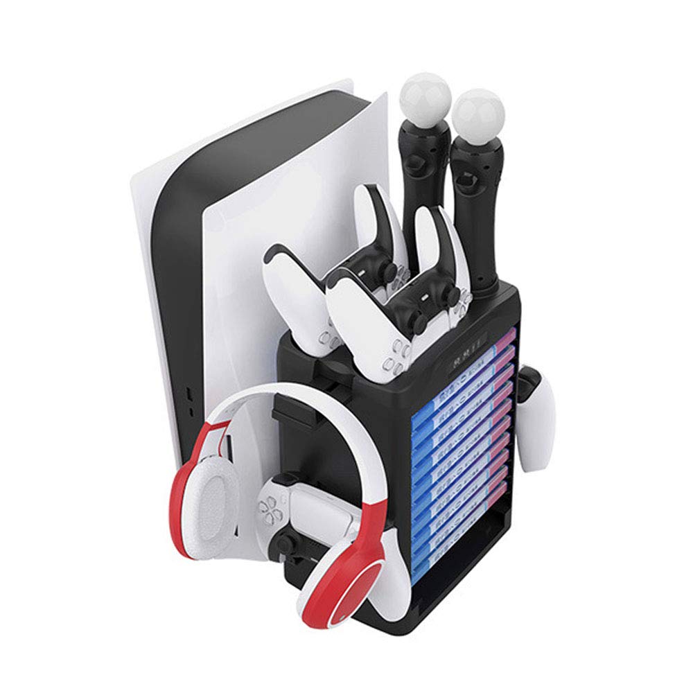 Charging Station for PS5 Controllers PS VR Move,Multifunctional Storage Rack Stand Kit for Playstation 5 Console and PS5 Accessories with 11 Game Disk,Cooling Fan,Headset and PS VR Stand