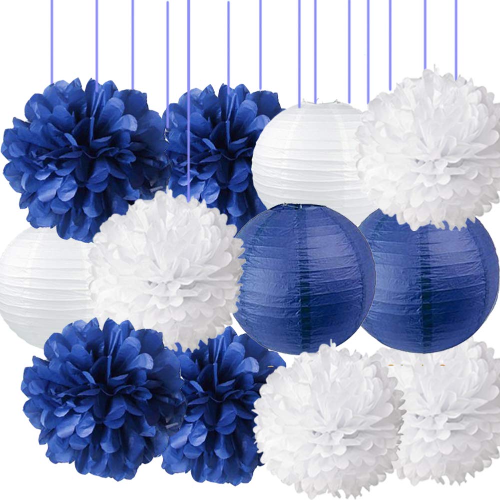 Nautical Party Decor Pom Poms Tissue Paper Lanterns Navy Blue Decorations for Baby Shower Boy Scout Banquet Birthday Party Nursery Decorations Bridal Shower Wedding Party Decorations