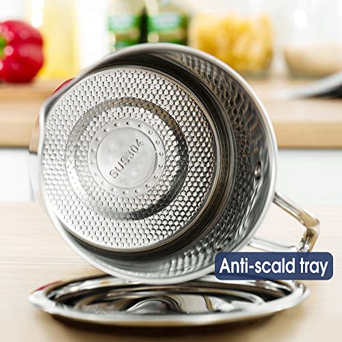 Chihee Grease Container Stainless Steel Bacon Grease Saver with Fine Mesh Strainer 2L / 67.6 fl oz Oil Container Grease Can with Dust-proof Lid Non-slip Tray for Kitchen Storing Frying Cooking Grease