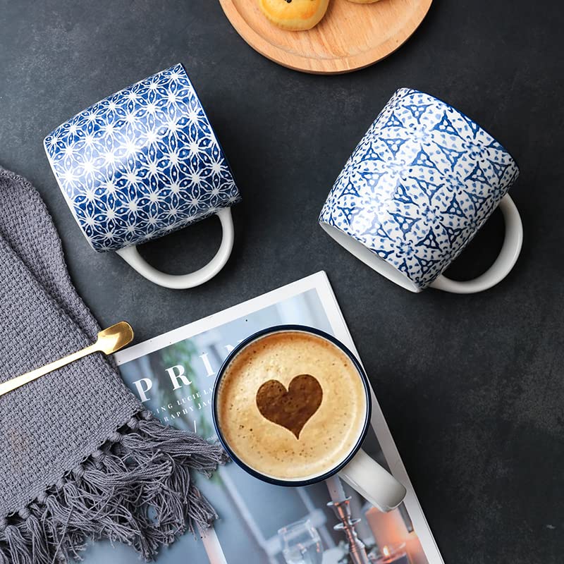 Set of 4 12 oz Coffee Mugs with Blue and White Geometric Patterns, Ceramic Tea Cup Set, Gift for Friends (Set 1)