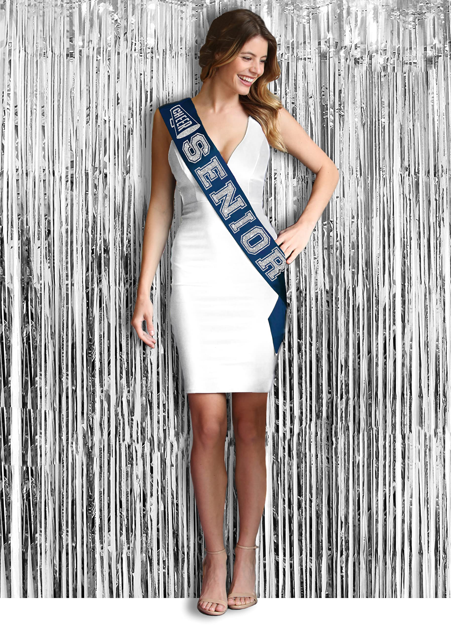 Navy Blue Cheer Senior Sash - Silver Glitter Cheer Senior Navy Blue Premium Grade Satin Sash - Senior Night Supplies for Cheerleaders - Navy Blue Satin (SLV Cheer)