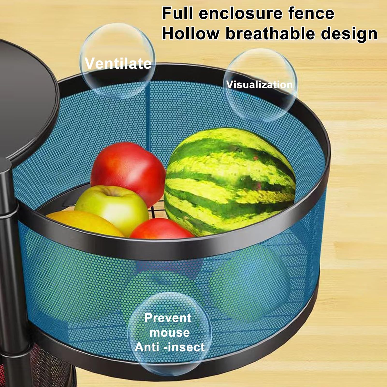 Grebest Kitchen Fruit Vegetable Storage Cart, 5 Tier Circular Rotating Basket with 360 Degree Wheels, Metal Wire Shelf with Top Lid for Living Room/Kitchen/Office Black Five Layers
