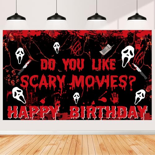 Horror Birthday Decorations Backdrop Do You Like Scary Movies Happy Birthday Halloween Banner Classic Horror Birthday Banner for Adults Halloween Birthday Party Decor