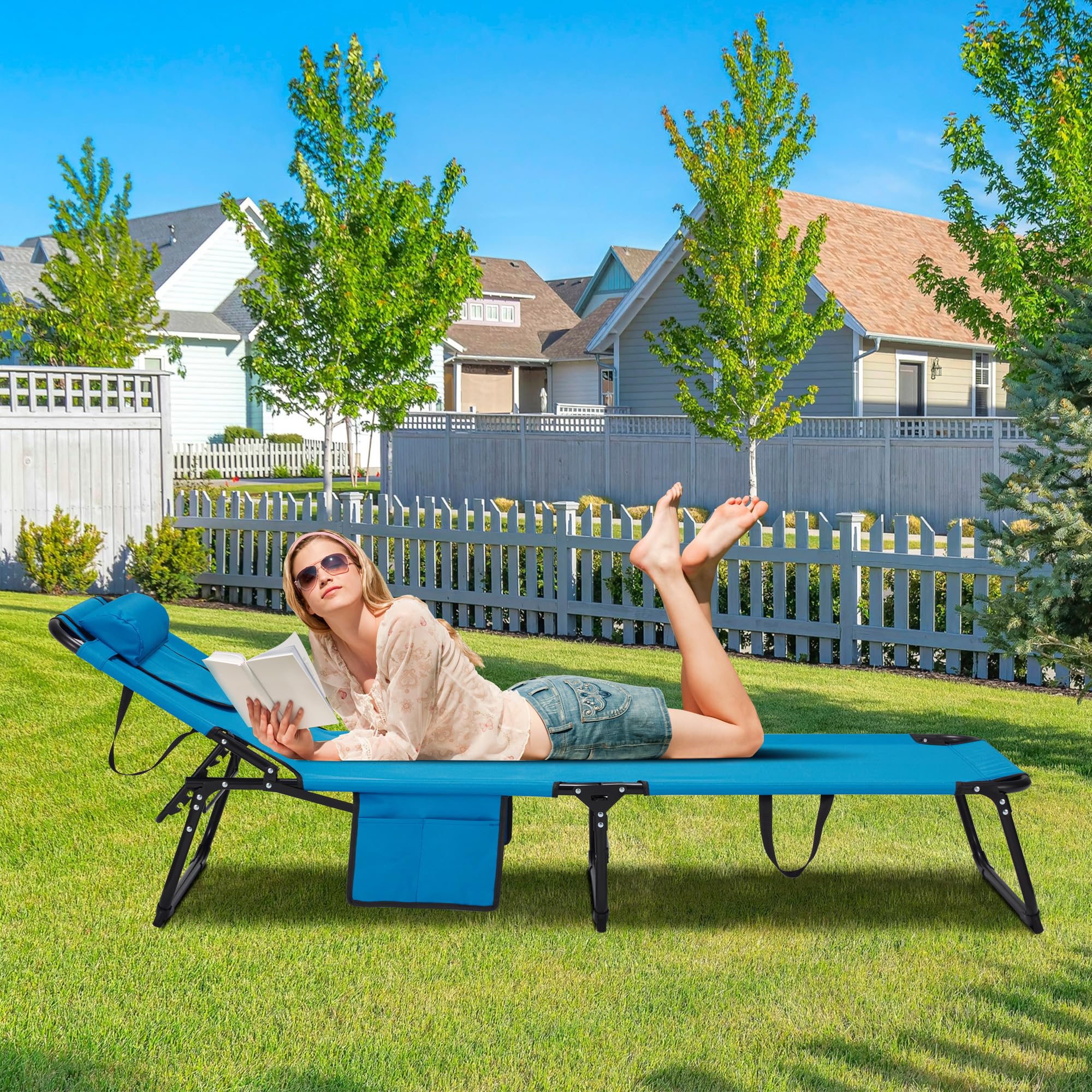 Candockway Outdoors Lounge Chair,300lbs Folding Patio Lounge Chair with Face Hole, Adjustable Backrest, Non-Slip Foot & Portable Handle, Chaise Lounge for Patio, Yard