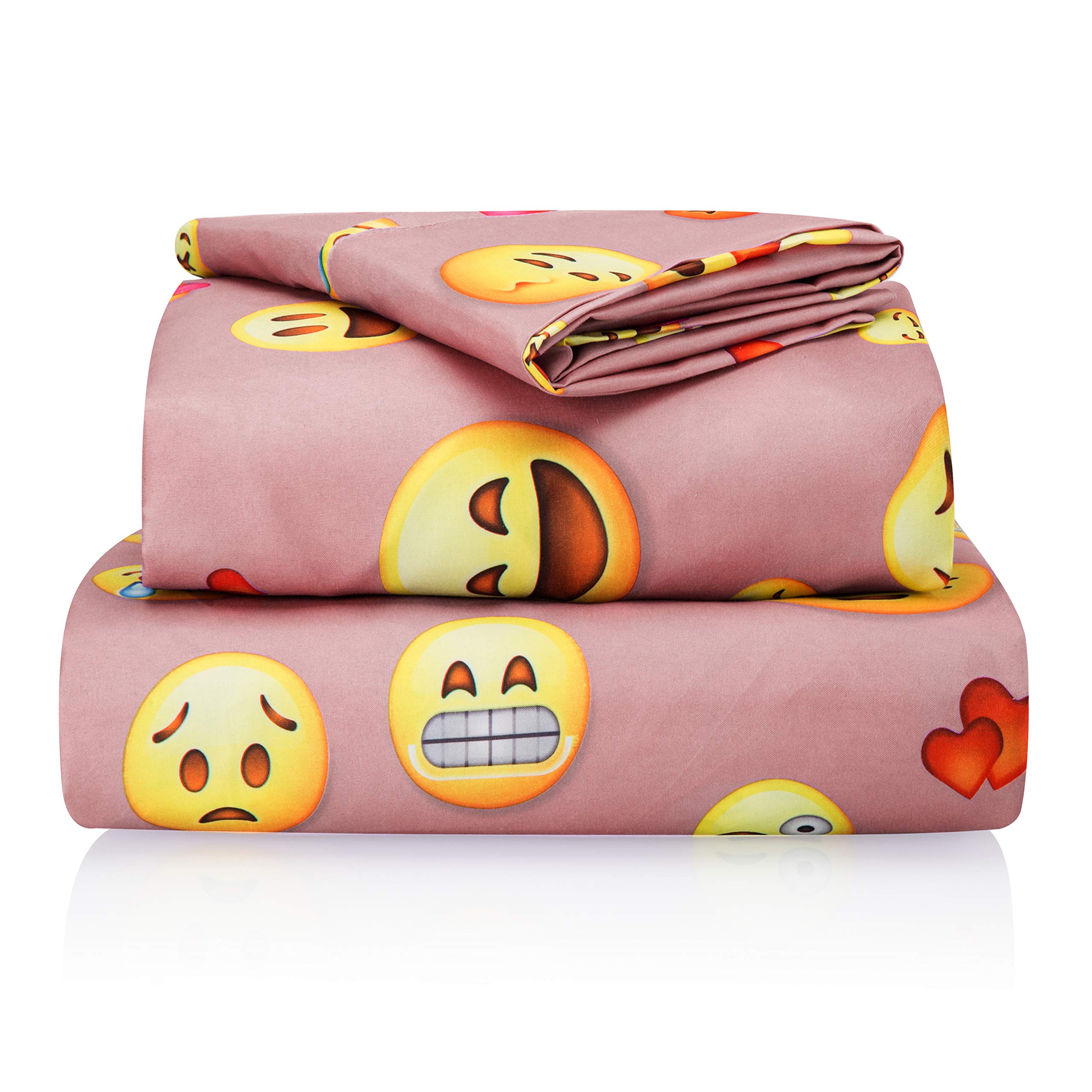 Chital Twin Bed Sheets for Girls | 3 Pc Colorful Kids Bedding Set | Pink Emoji Print | Durable Super-Soft, Double-Brushed Microfiber | 1 Flat & 1 Fitted Sheet, 1 Pillow Case | 15" Deep