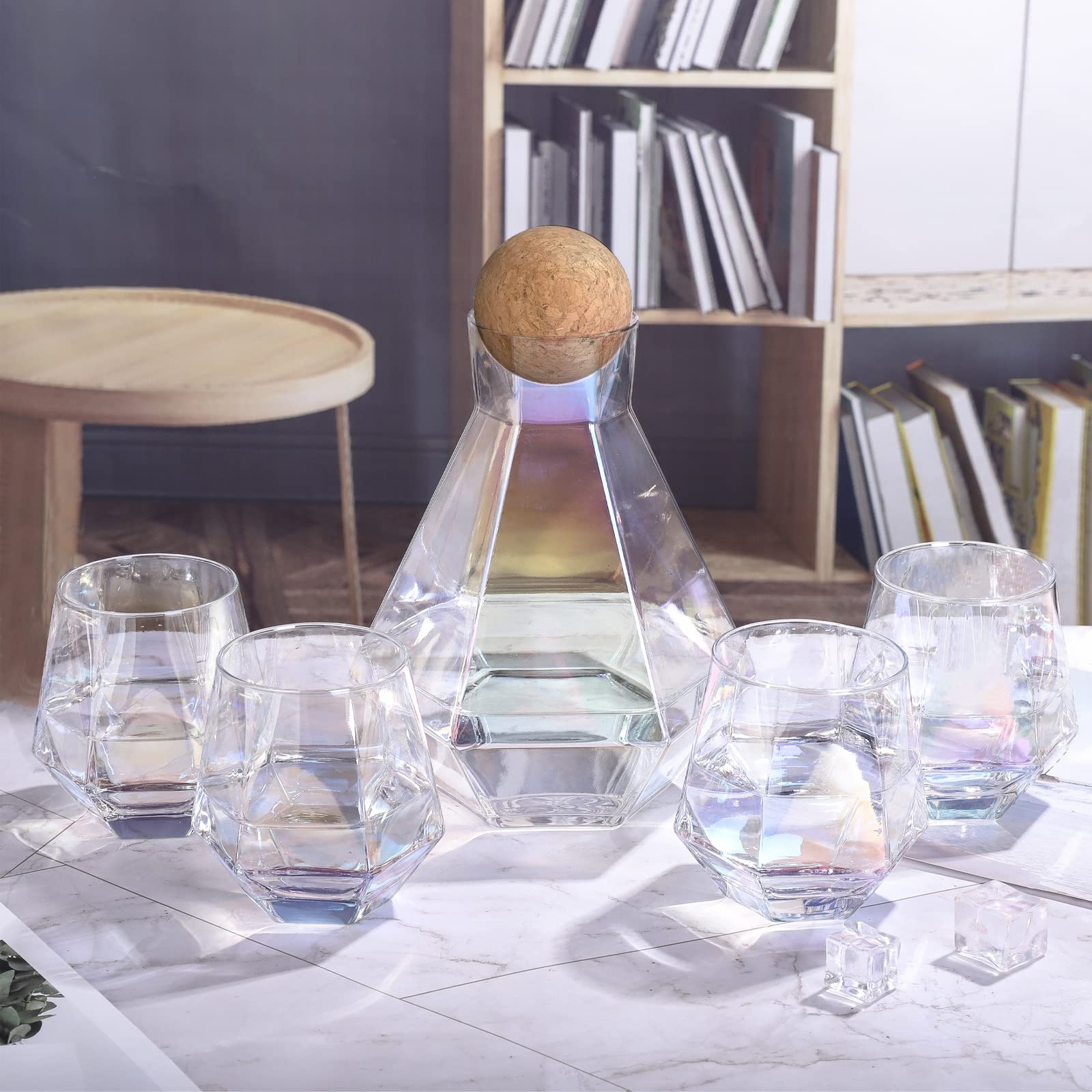 CUKBLESS Iridescent Glassware Set, 6 Drinking Glasses for Water, Juice, and Beverages, and 4 Wine Glasses with 1 Diamond-Shaped Wine Decanter, Perfect for New Home or Housewarming Gifts