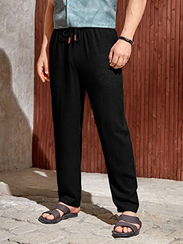 Mens Drawstring Linen Pants Relaxed Fit Elastic Waist Casual Pants Lightweight Yoga Beach Trousers Black