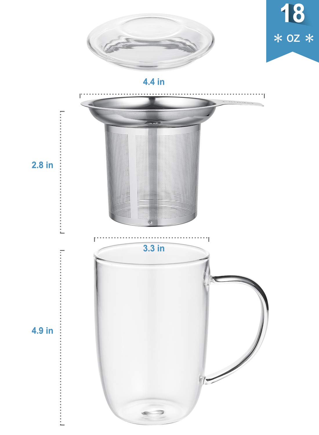 Enindel 3020.04 Glass Tea Mug with Infuser and Lid, Tea Cup, Clear, 18 OZ, GM004