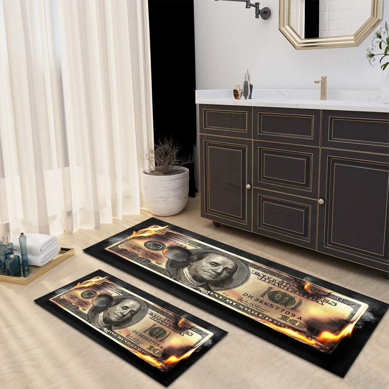 DVKKHD Money Kitchen Rugs Washable Burning 100 Dollar Bill Bathroom Rug Set 2 Piece Modern Kitchen Mats for Floor Non Skid Entryway Rug for Bedroom Home Decor Carpet Runner 17.7βx29.5β+17.7βx59β