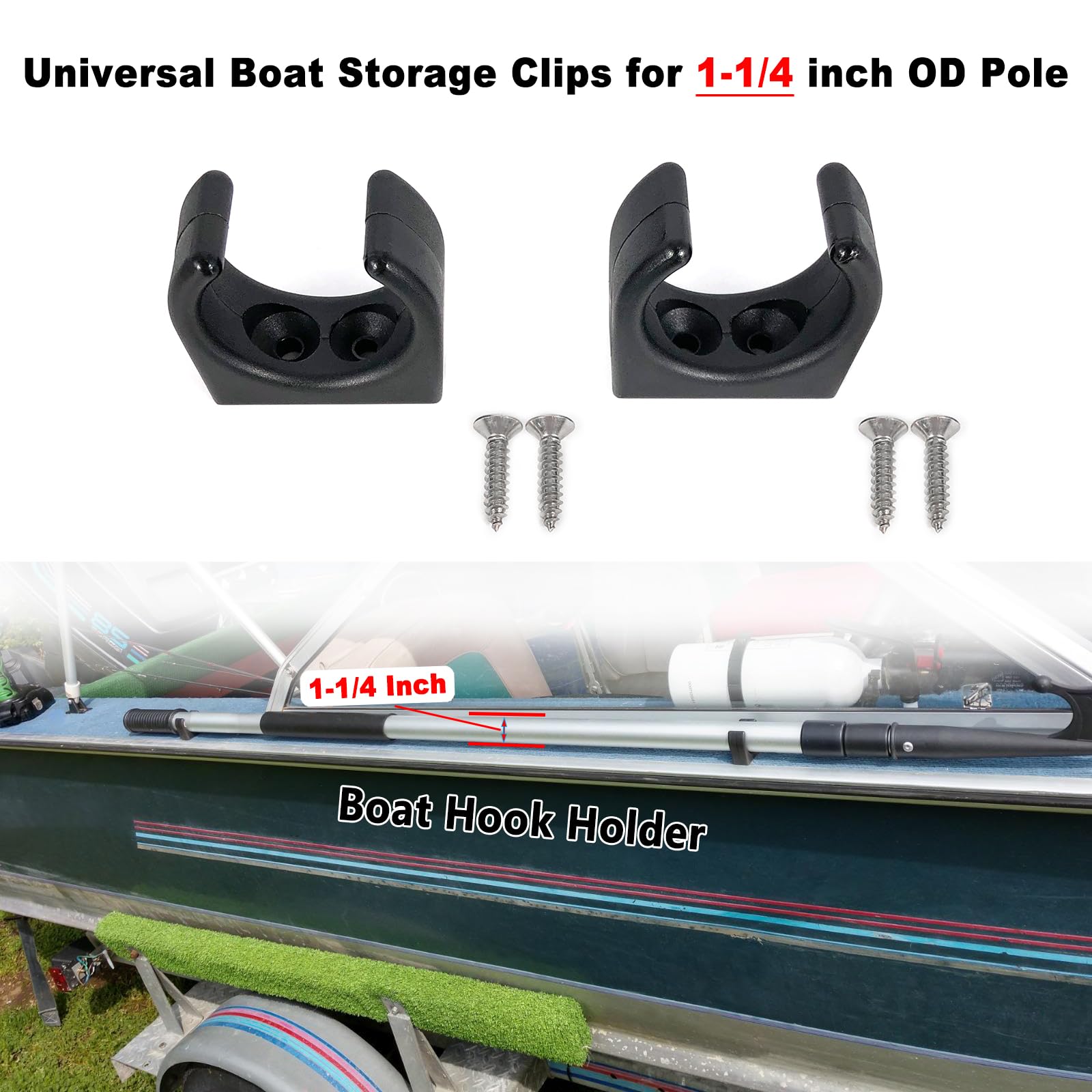 Duthyvea 4Pc Nylon Holder Clips for Boat Ladder Stowing, Hook or Kayak Paddle Pole Storage | 1-1/4" Dia Tube | Quick & Easy Mounting | Black w/Mounting Hardware
