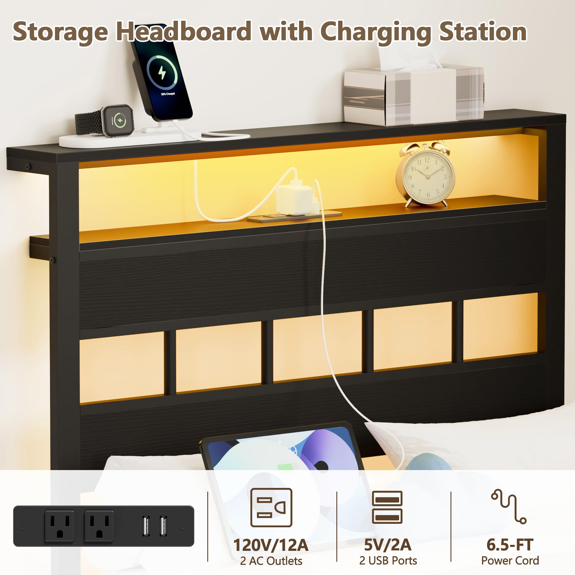 Furnulem Twin Size Bed Frame with Charging Station and LED Lights, Platform Bed with Metal Slats, Grey Upholstered Headboard with 2-Tier Storage Shelves, No Box Spring Needed