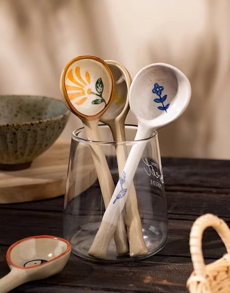 YUURAIN VUVU Japanese Large Spoon, Handmade Long Handle Asian Spoons, Retro Ceramic Spoons, Ramen Spoons, Pho Spoons, Large Soup Spoons with Cute Hand-Painted Pattern, Hand-Kneaded (2 Pieces) - D