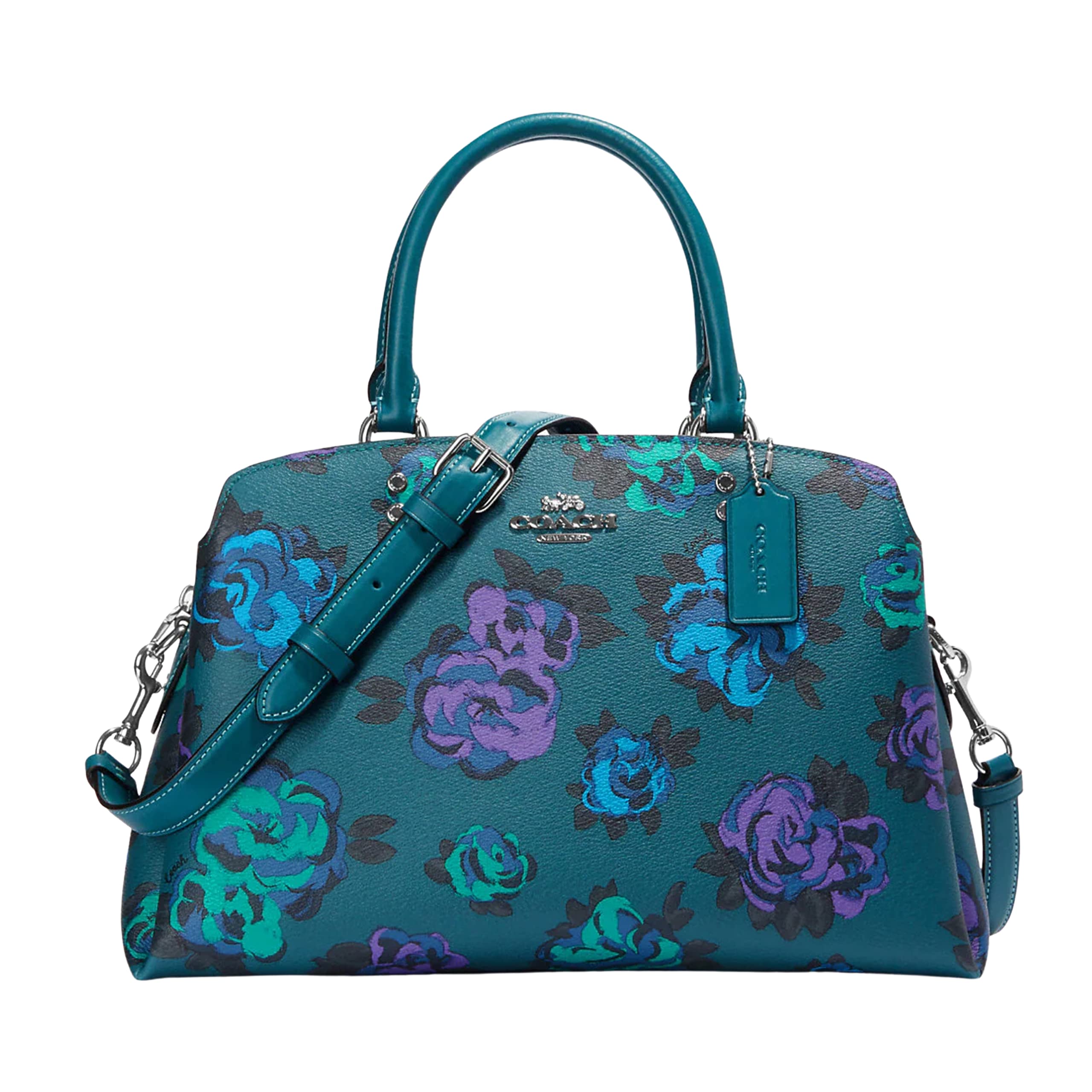 COACH Women's Lillie Carryall Top Handle Satchel Bag (Printed Coated Canvas - Jumbo Floral Print - Deep Turquoise Multi)