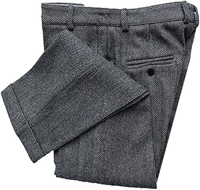 Mens Vintage Tweed Dress Pants Herringbone Pattern Trousers Regular Fit Business Suit Pants(Brown,42W32L)