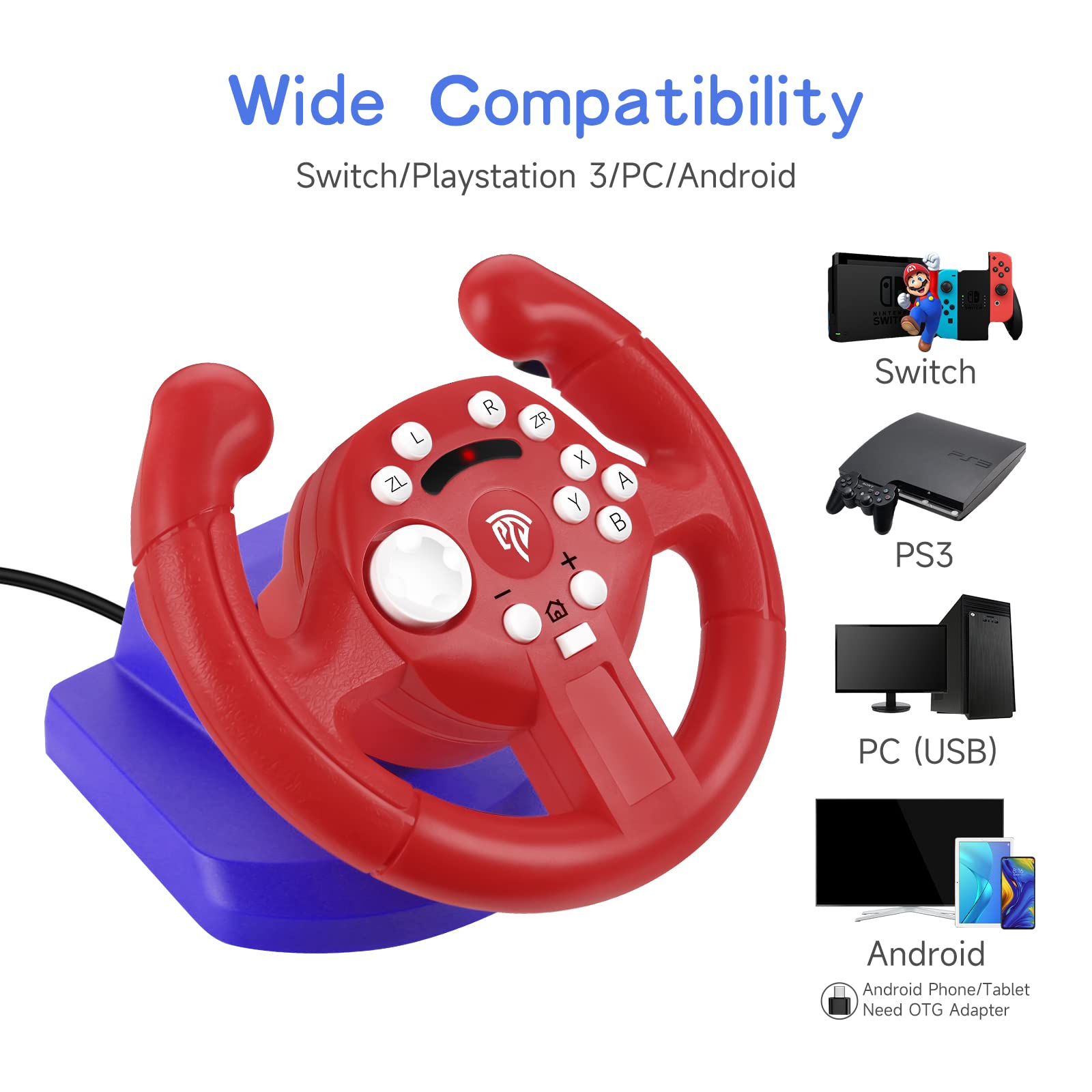 EasySMX Kirin 37C1 Gaming Steering Wheel,Nintendo Switch Mario Kart Steering Wheel, 90 Degree Racing Wheel and Linear Pedals, for Nintendo Switch/Lite/OLED/PC/PS3/Android
