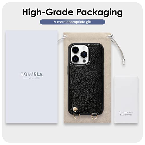 JLFCH ROMIELA Series iPhone 14 Pro Crossbody Case with Card Holder Wrist Strap, iPhone 14 Pro Wallet Case Chain Lanyard Leather Purse Women Protective for Apple iPhone 14 Pro, 6.1 inch - Black